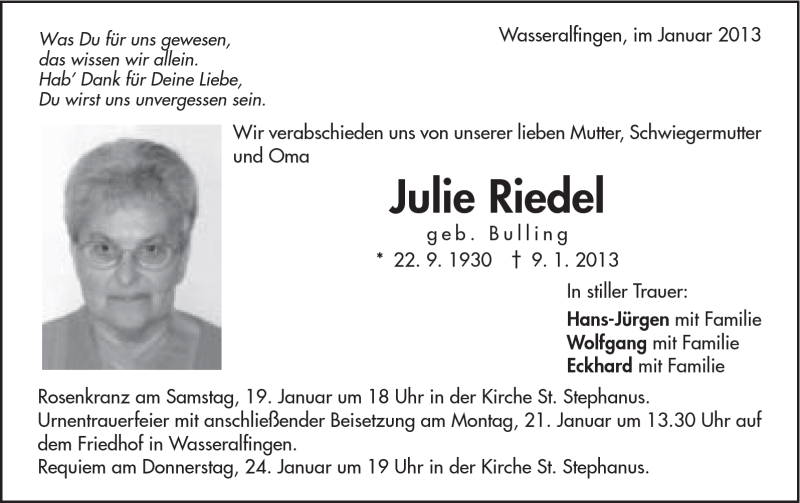 Traueranzeigen von Julie Riedel | OstalbTrauer