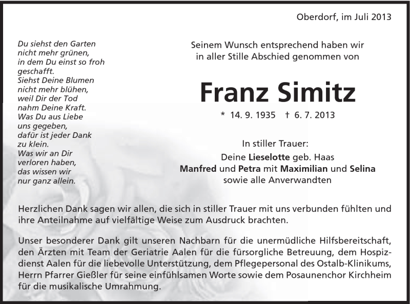 Traueranzeigen von Franz Simitz | OstalbTrauer