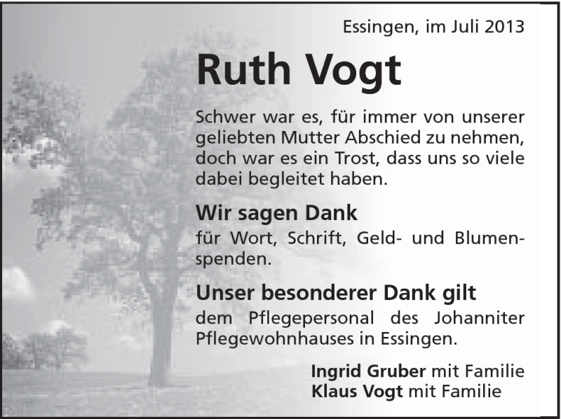 Traueranzeigen von Ruth Vogt | OstalbTrauer