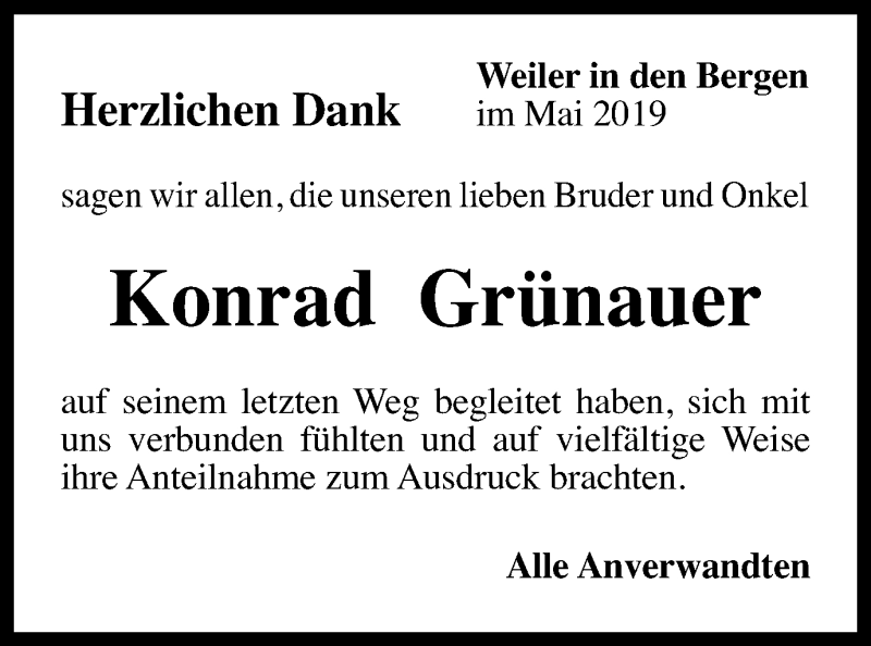 Traueranzeigen von Konrad Grünauer | OstalbTrauer
