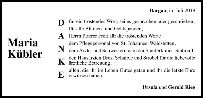 Traueranzeigen von Maria Kübler | OstalbTrauer