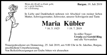 Traueranzeigen von Maria Kübler | OstalbTrauer