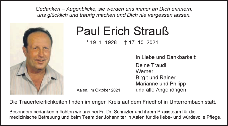 Traueranzeigen von Paul Erich Strauß | OstalbTrauer
