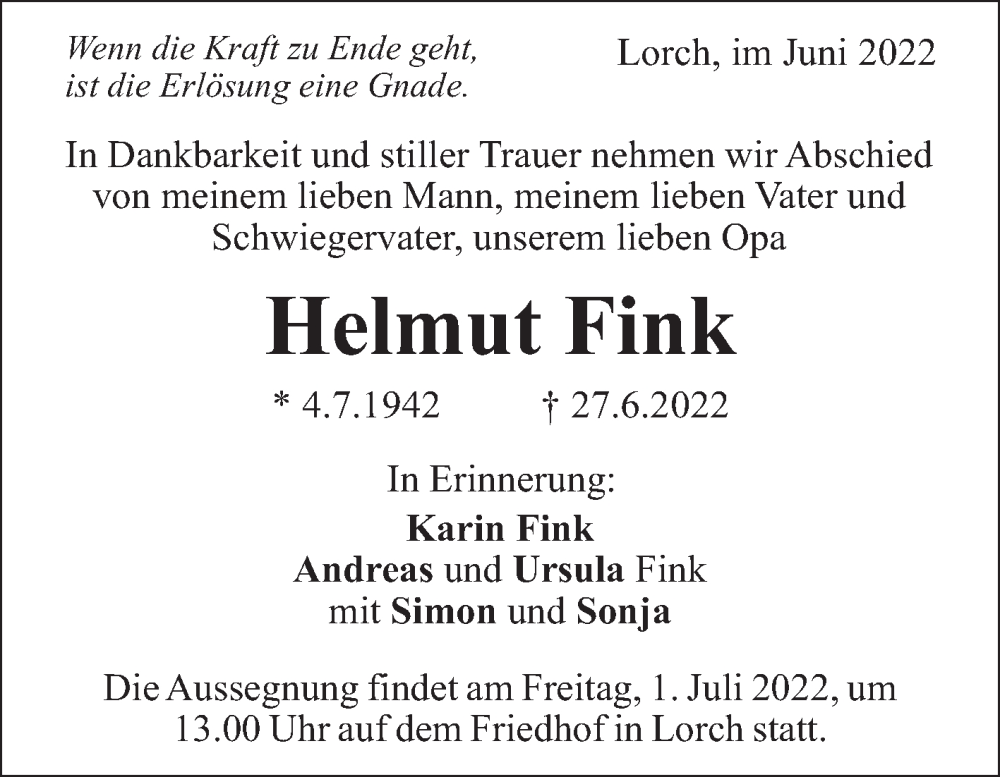 Traueranzeigen von Helmut Fink | OstalbTrauer