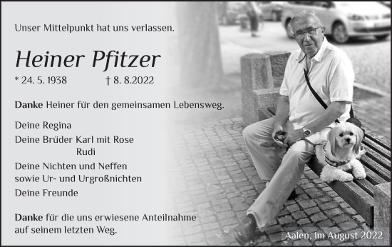 Traueranzeigen von Heiner Pfitzer | OstalbTrauer