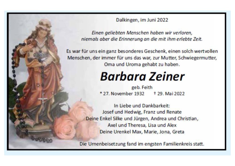 Traueranzeigen von Barbara Zeiner | OstalbTrauer