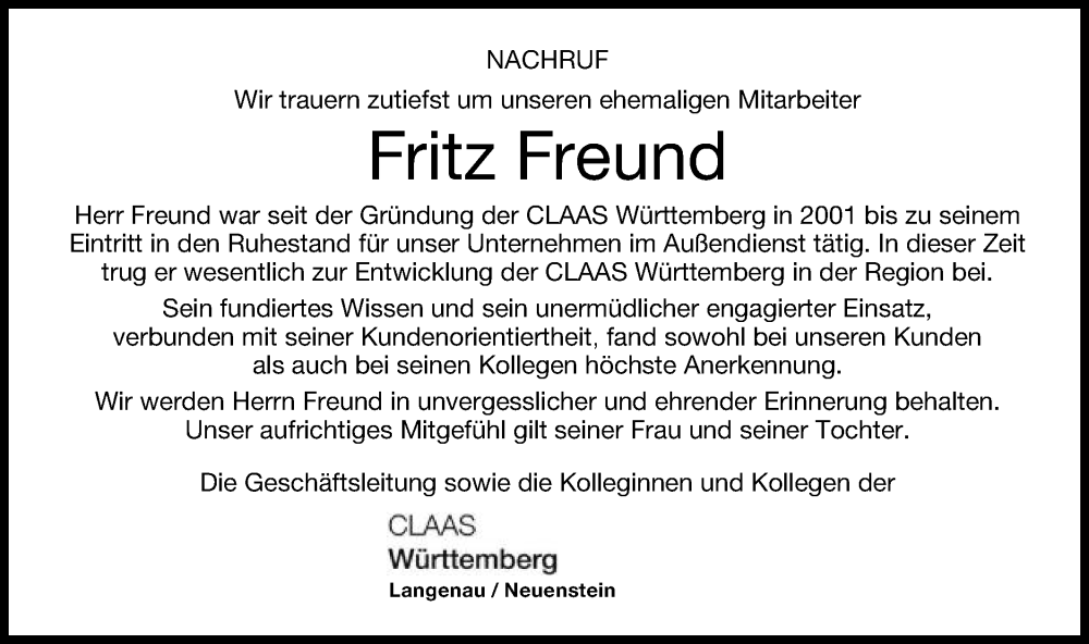 Traueranzeigen von Fritz Freund | OstalbTrauer